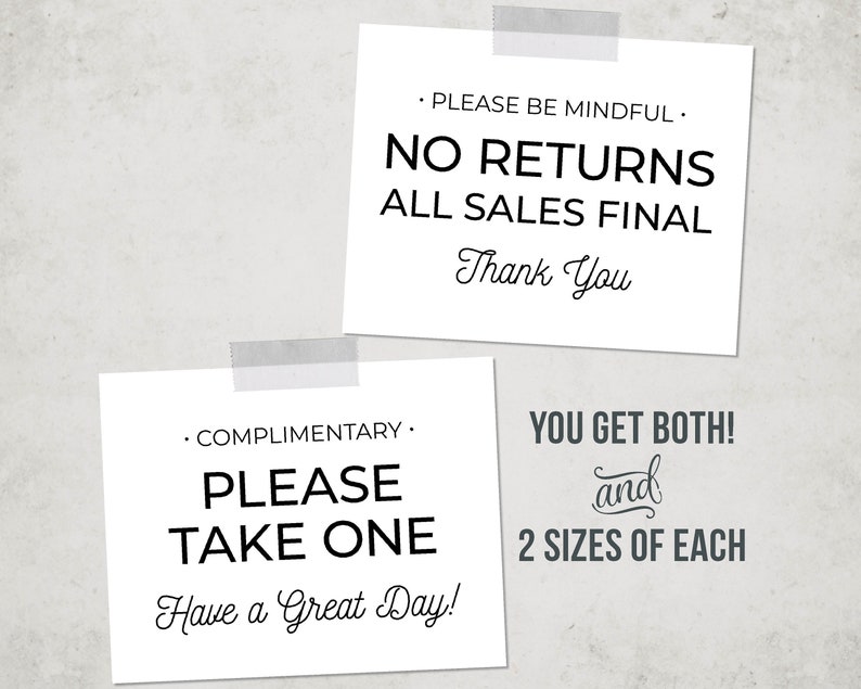 No Returns Sign Printable Complimentary Sign Instant Download Black and ...