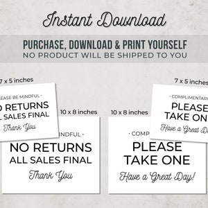 No Returns Sign Printable | Complimentary Sign | Instant Download ...