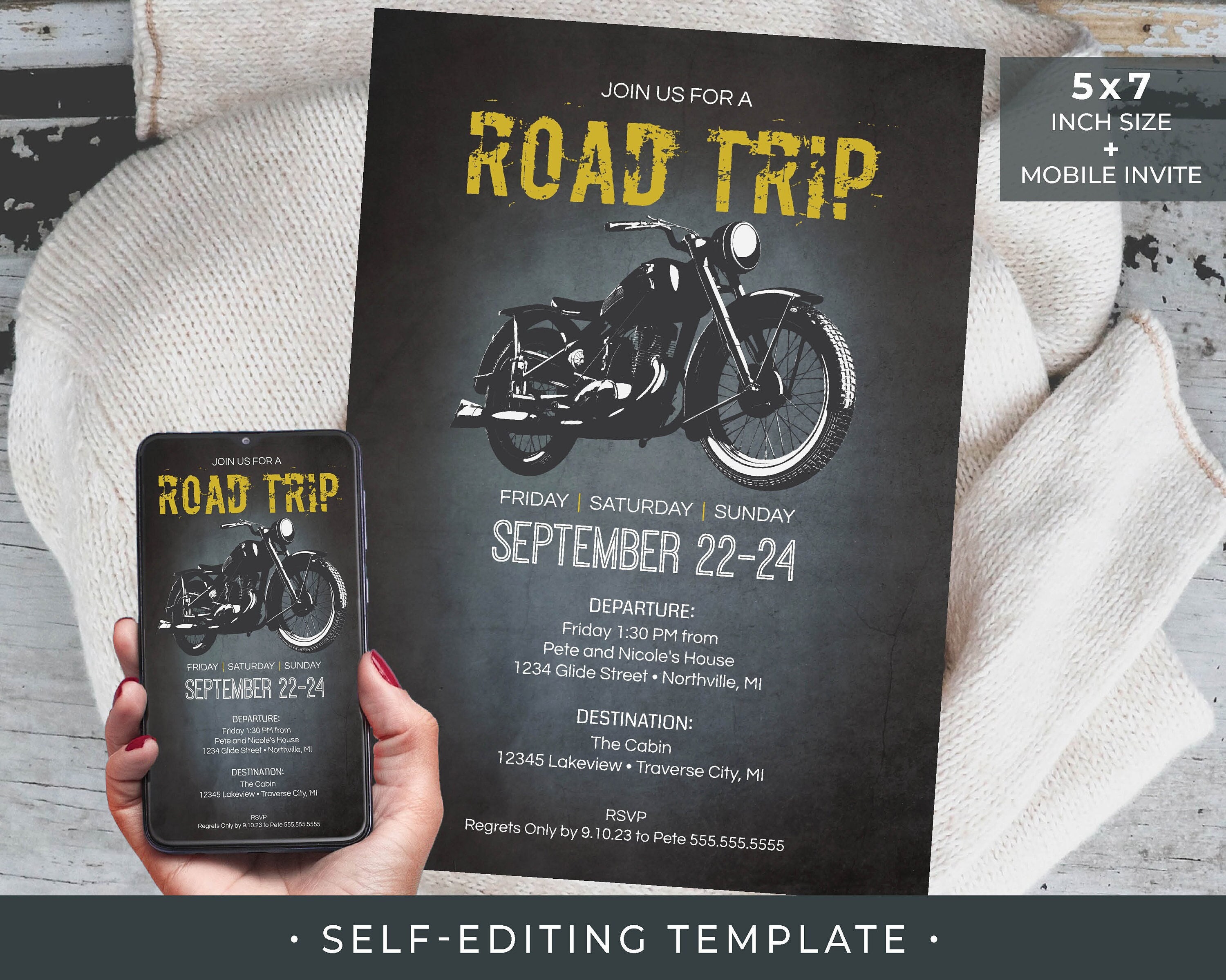 Road Trip Motorcycle Invitation Self-editing TEMPLATE Mobile - Etsy