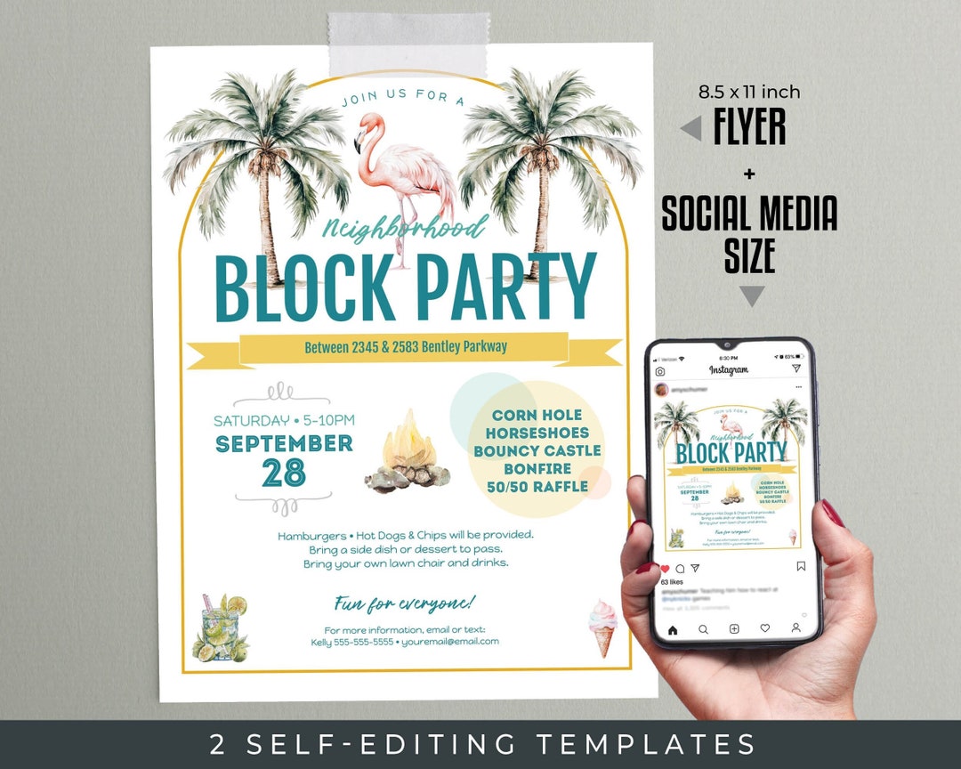 Block Party Flyer | 2 Editable TEMPLATES - 8.5x11 Flyer + Social Media ...