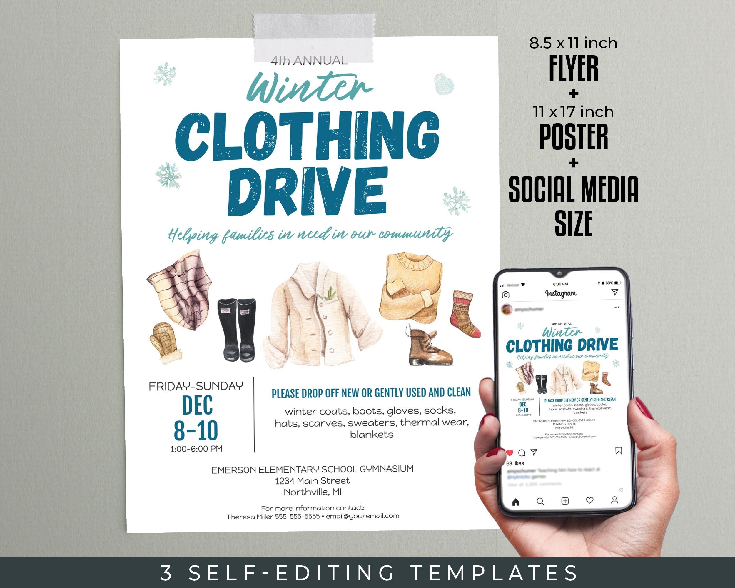 Winter Clothing Drive Editable TEMPLATES Flyer, 11x17 Poster, Social ...