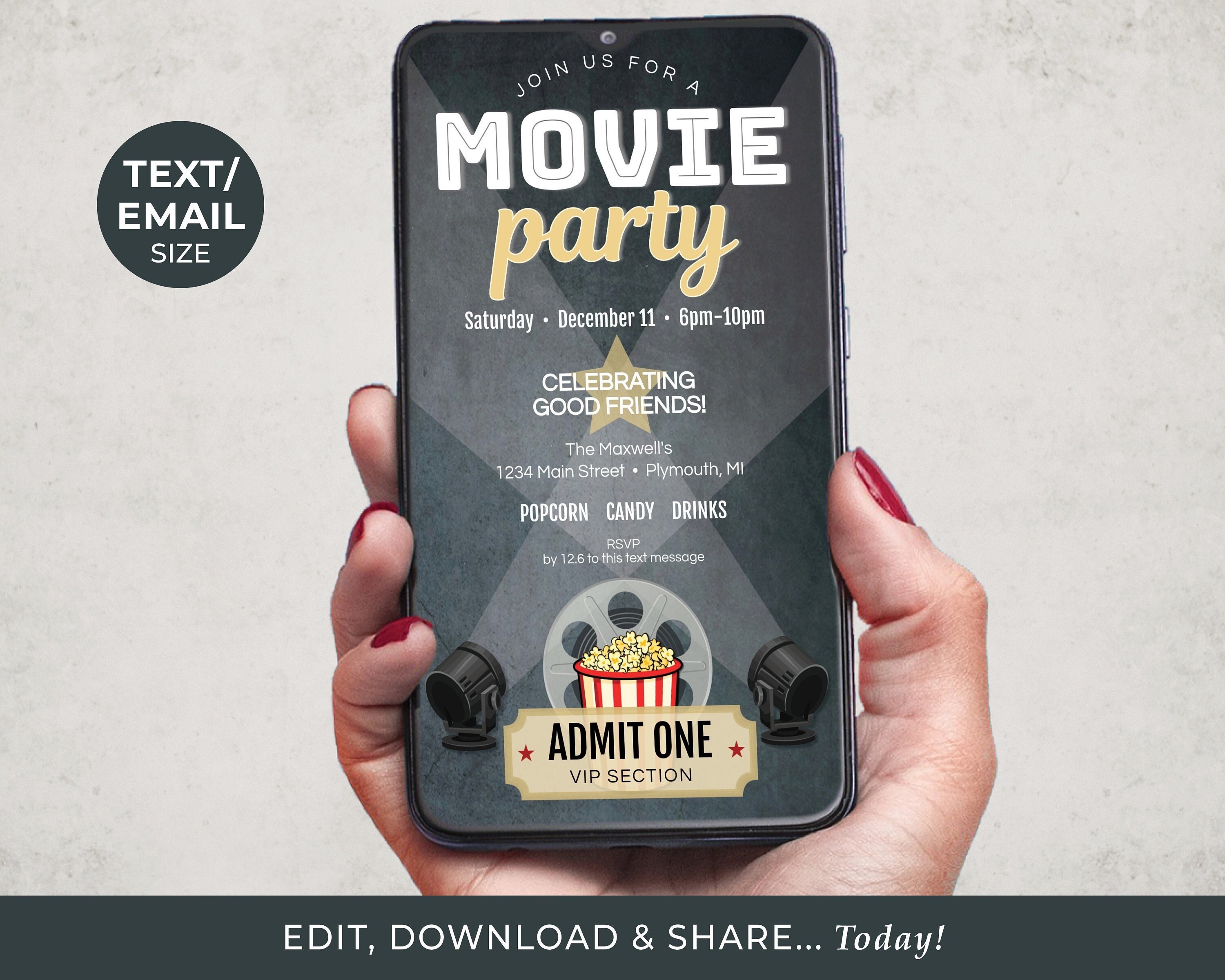 Movie Party Invitation TEMPLATE Editable Mobile Invite - Etsy