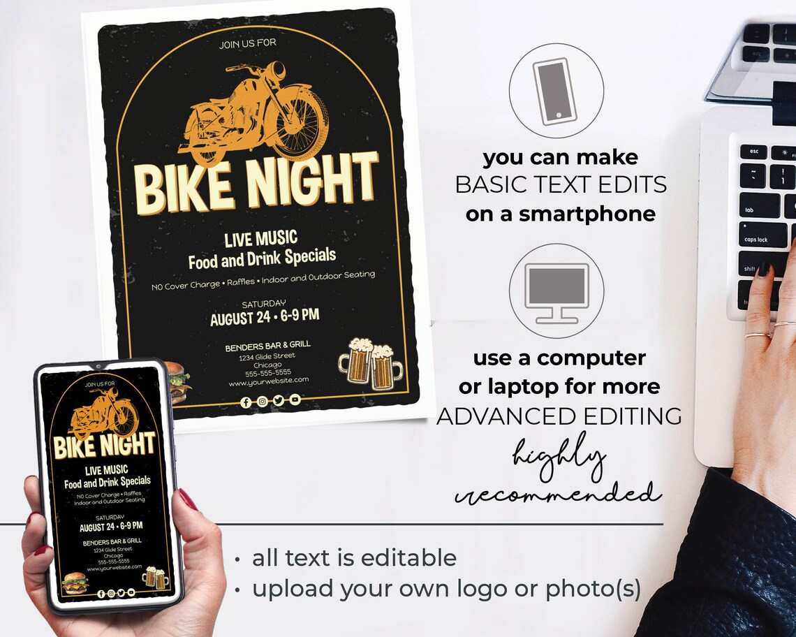 Bike Night - 3 Editable TEMPLATES | 8.5x11 Flyer, Mobile Invite, Social ...