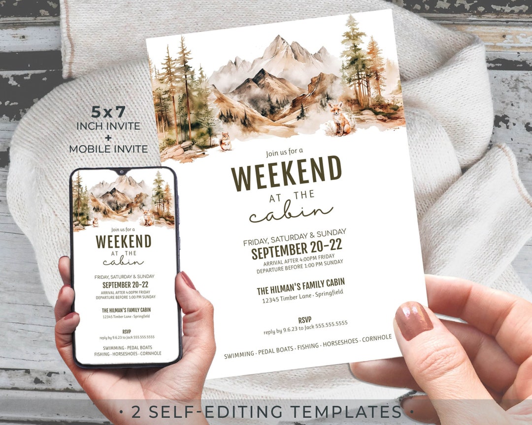Weekend at the Cabin Invite Self-editing TEMPLATE + Mobile Invite ...