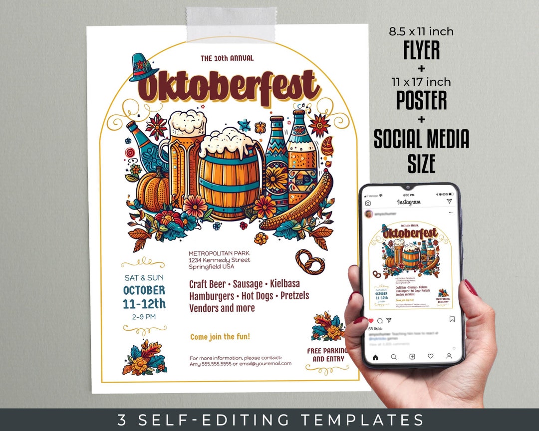 Oktoberfest Editable TEMPLATES | 8.5x11 Flyer, 11x17 Poster, Social ...