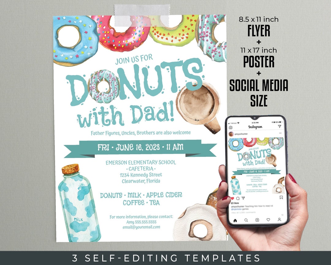 Donuts With Dad Self-editing TEMPLATES | 8.5x11 Flyer, 11x17 Poster ...