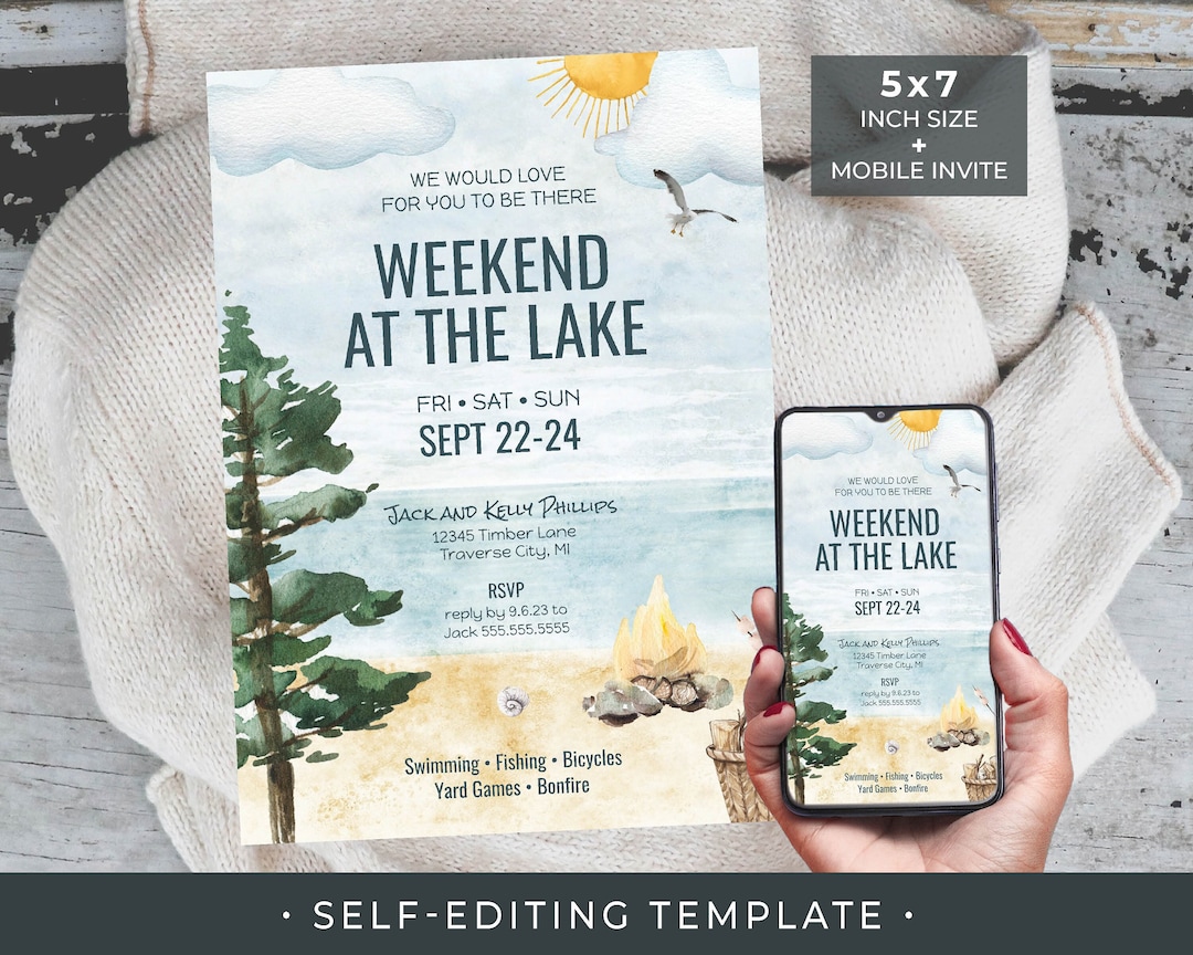 Weekend at the Lake Invitation Self-editing TEMPLATE + Mobile Invite ...