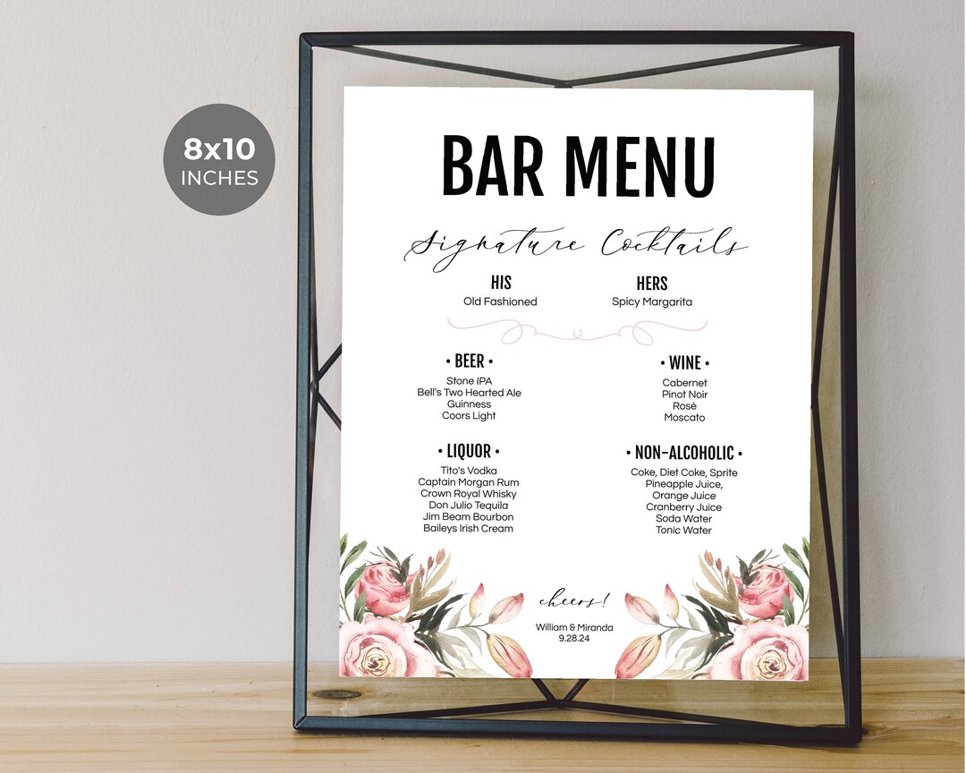 Bar Menu Sign TEMPLATES Wedding Cocktail Menu Sign Beer, Wine, Cocktail ...