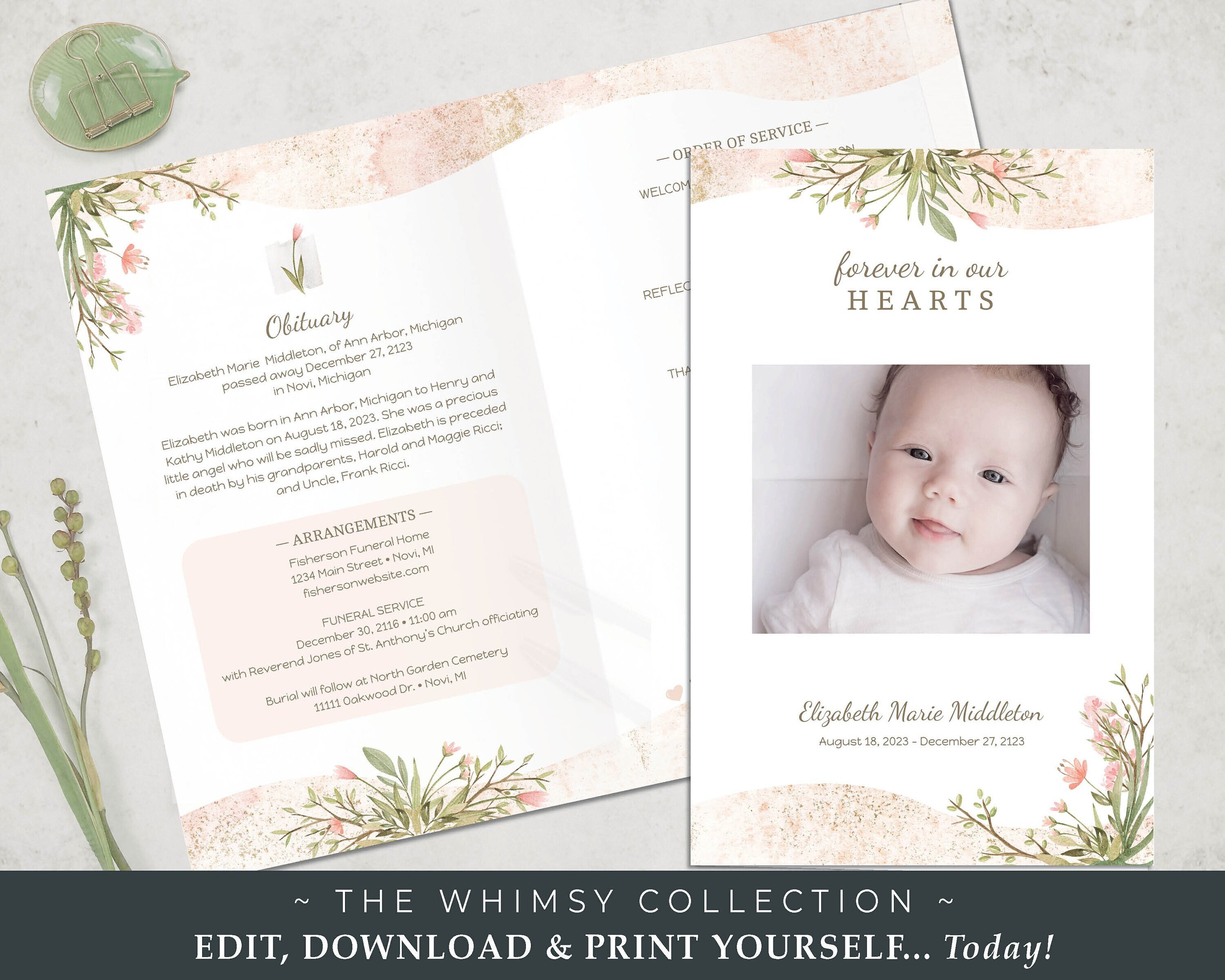 Child Baby Funeral Program TEMPLATE Pink Floral Whimsy - Etsy