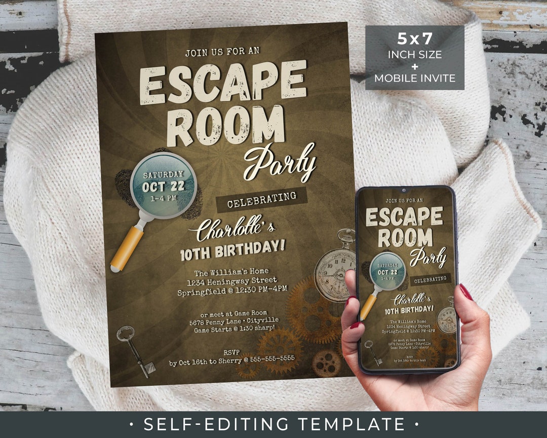 Escape Room Party Invitation Self-editing TEMPLATE Mobile Invite ...