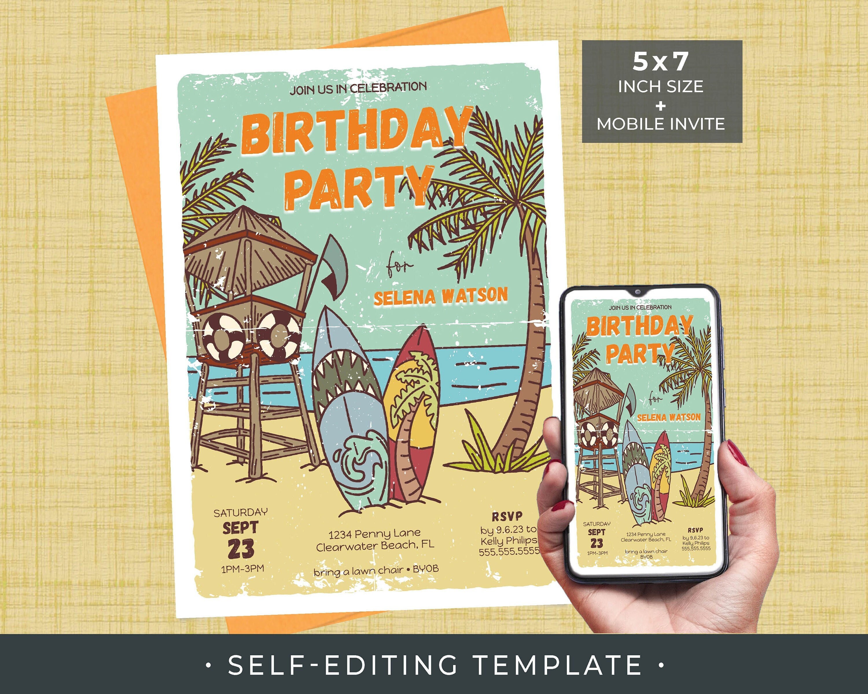 Beach Party Invite Self-editing TEMPLATE Mobile Invite TEMPLATE Vintage ...