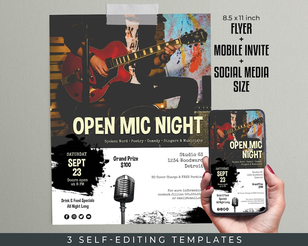 Open Mic Night - 3 Editable TEMPLATES | 8.5x11 Flyer, Mobile Invite ...