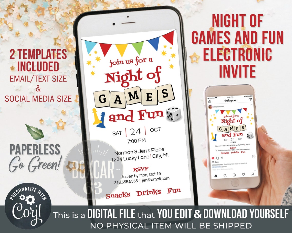 Night of Games and Fun Electronic Invitation Template - Etsy