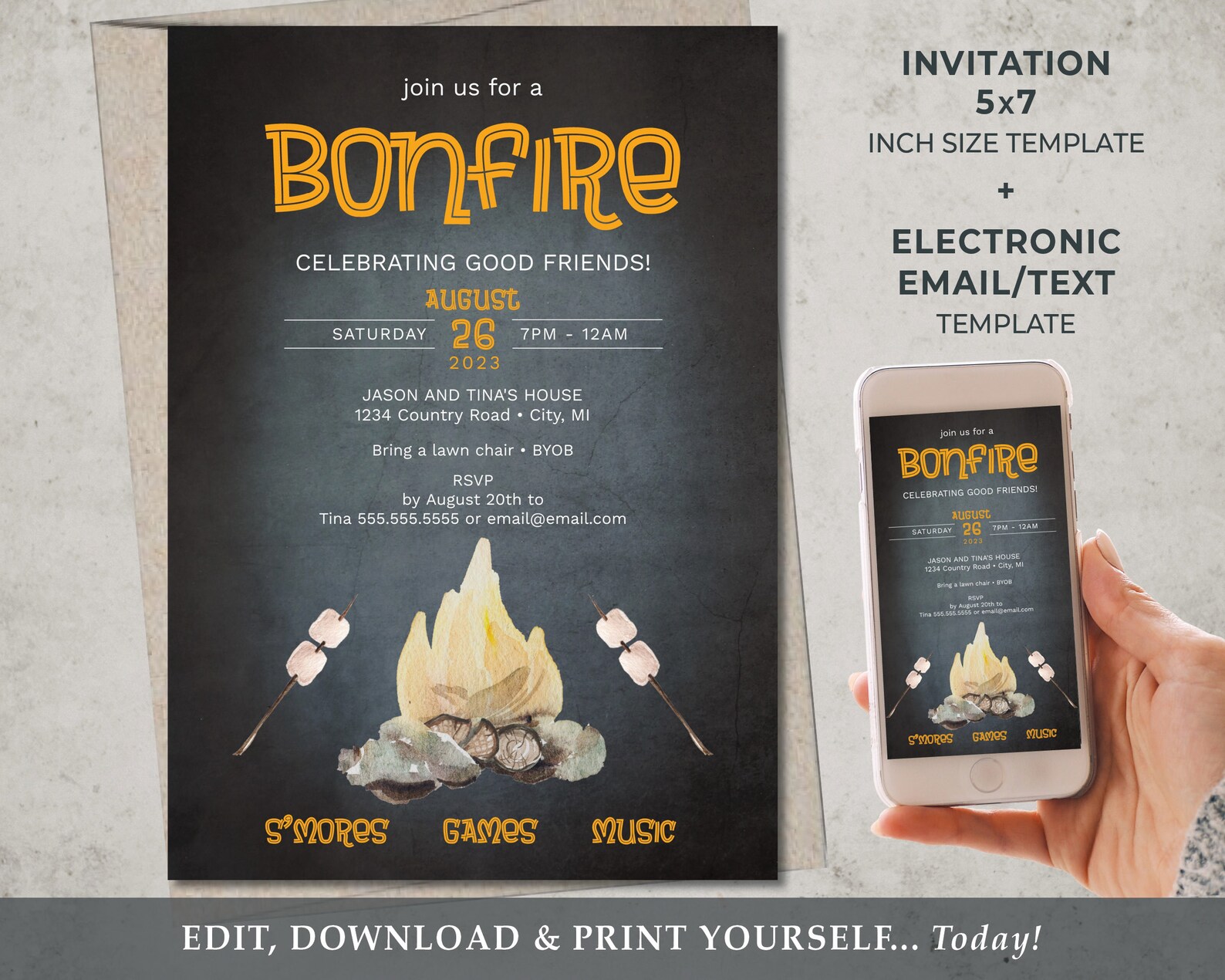 Bonfire Invite Editable TEMPLATE 5x7 Inch Invite | Etsy