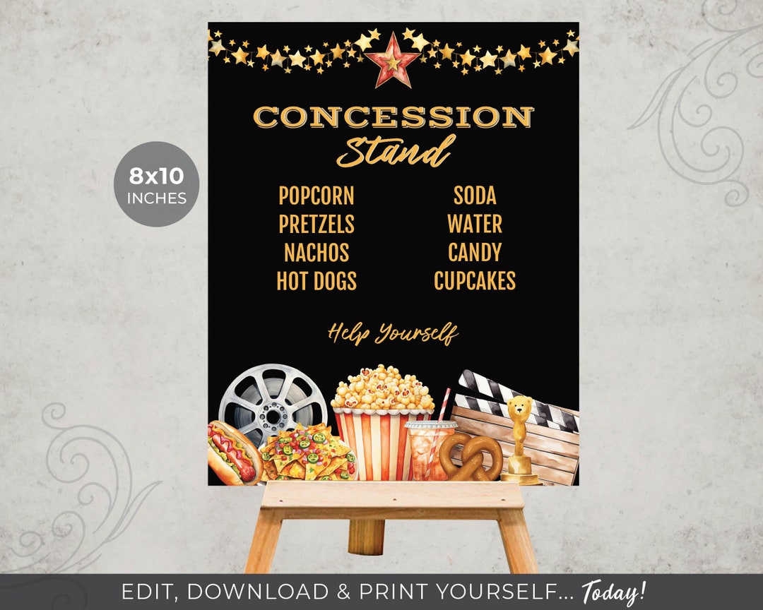 Movie Party Concession Stand Sign TEMPLATE | Custom Food, Snacks ...