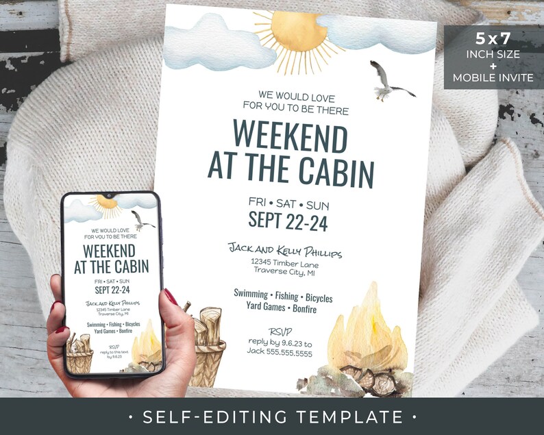 Weekend at the Cabin Invite Self-editing TEMPLATE Mobile - Etsy