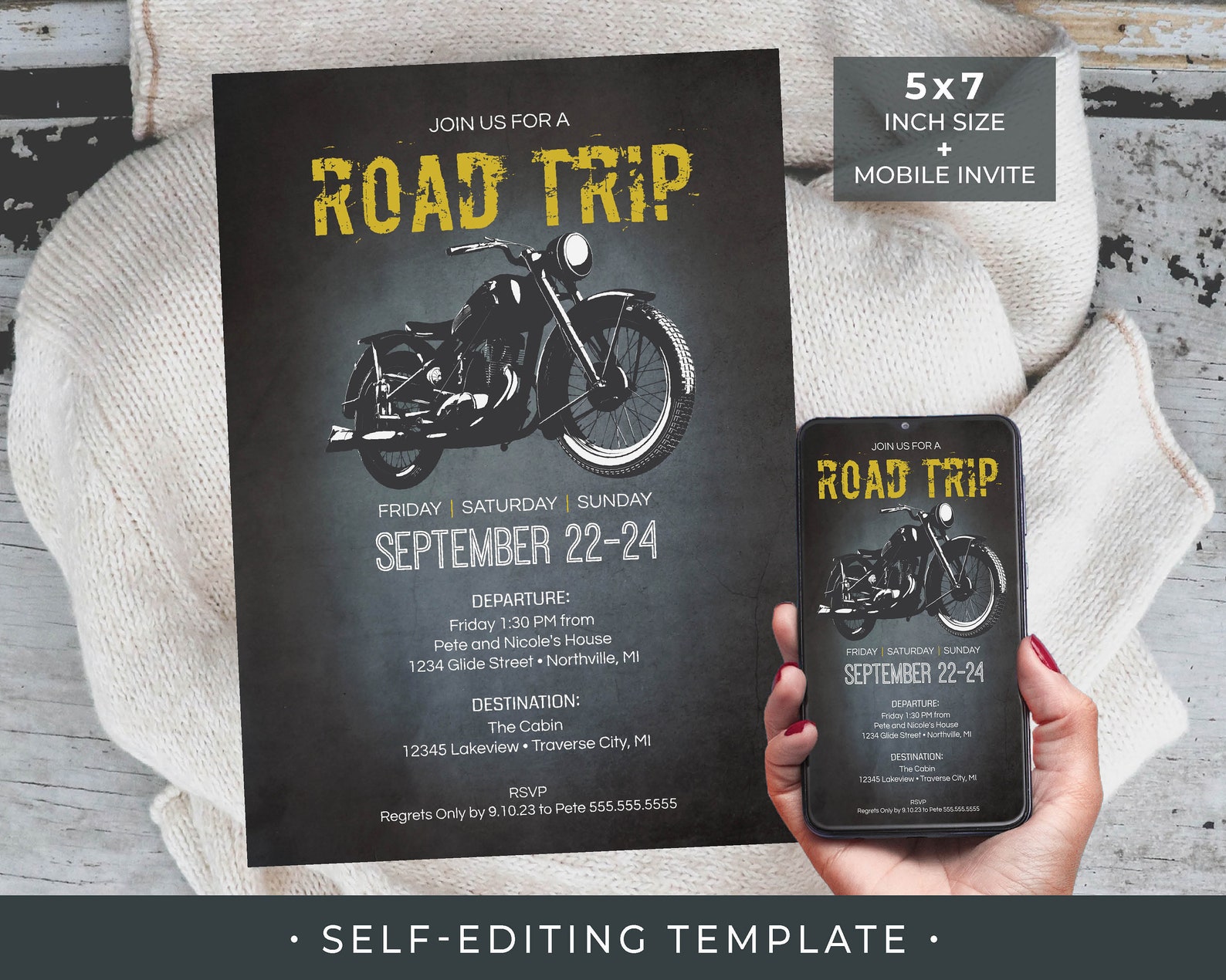Road Trip Motorcycle Invitation Self-editing TEMPLATE + Mobile Invite ...