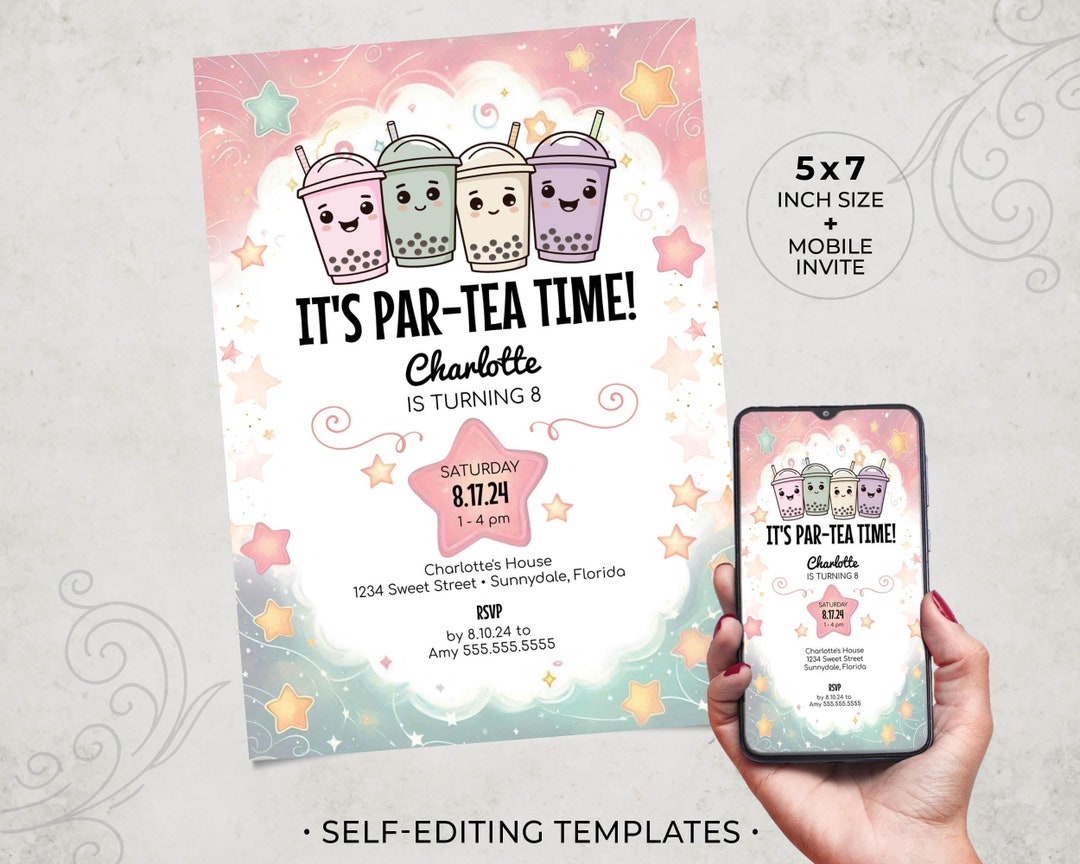 Bubble Tea Party Invite | Self-editing TEMPLATES | Cute Birthday | 5x7 ...
