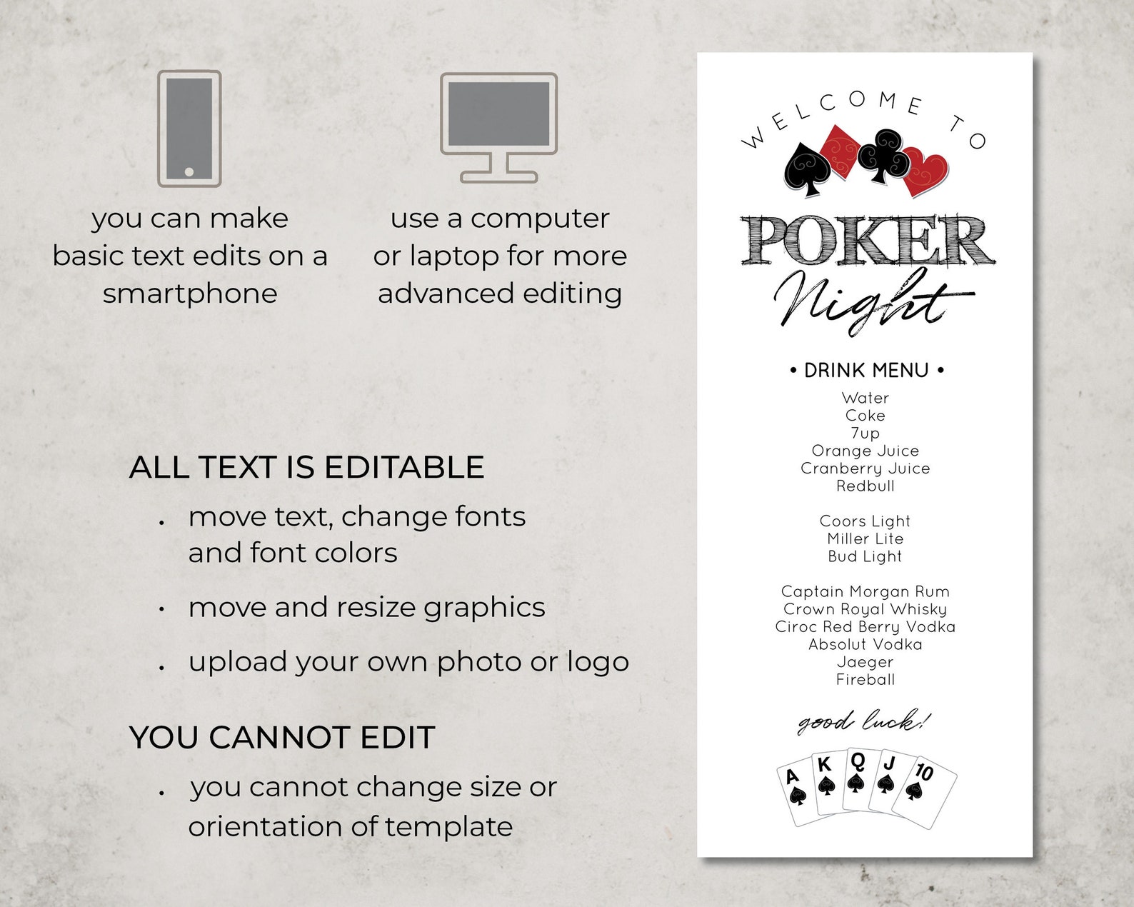 Poker Night Menu TEMPLATE Drink or Food Menu Casino Night - Etsy