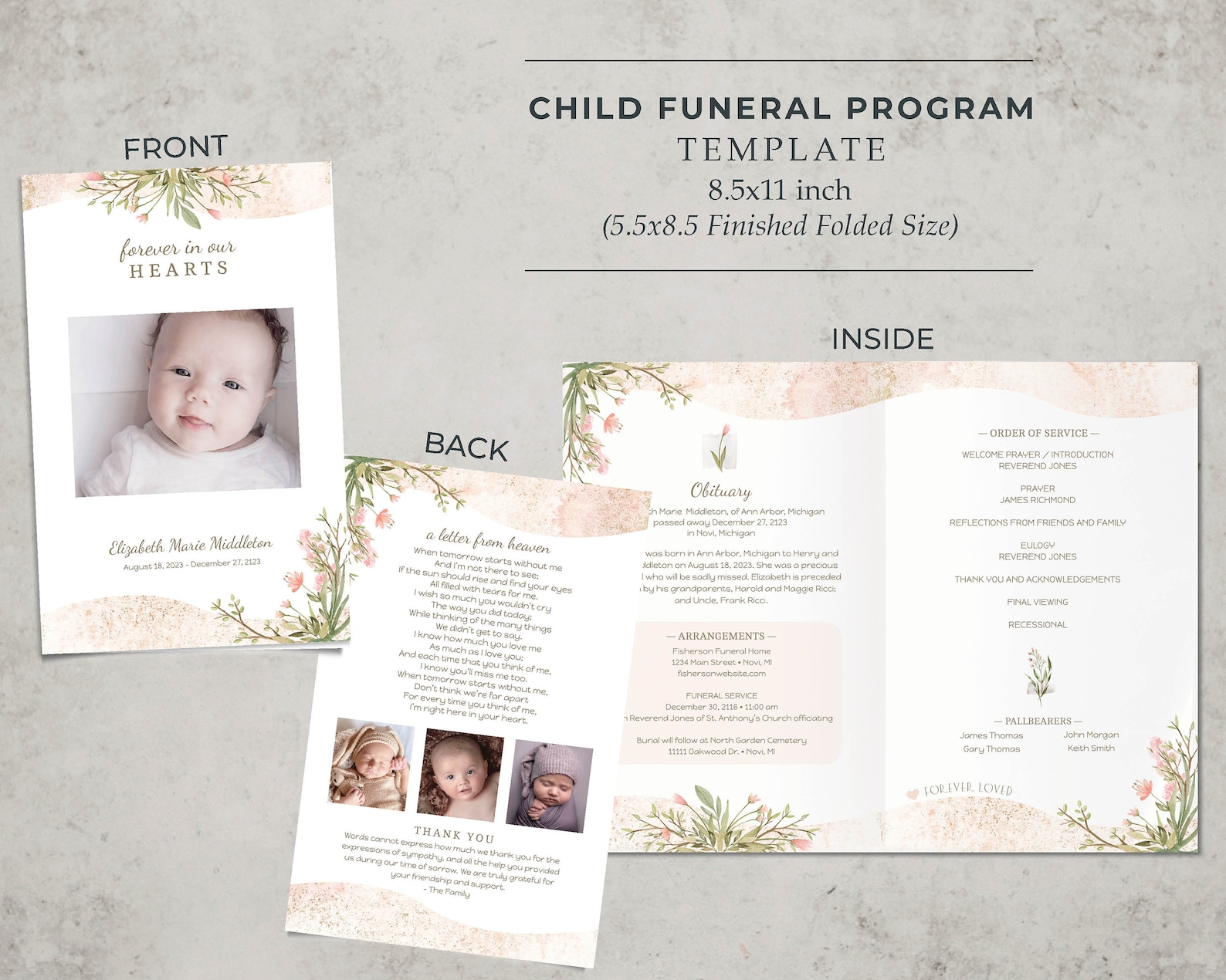 Child Baby Funeral Program TEMPLATE Pink Floral Whimsy Memorial ...
