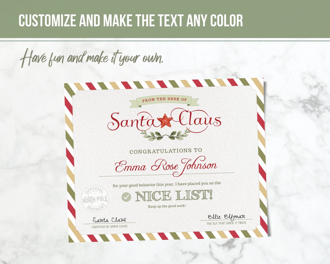 Nice List Certificate Editable TEMPLATE Certificate From - Etsy