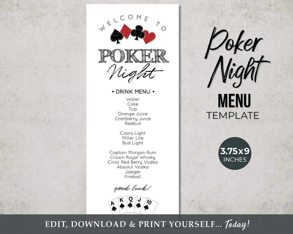 Poker Night Menu TEMPLATE Drink or Food Menu Casino Night - Etsy