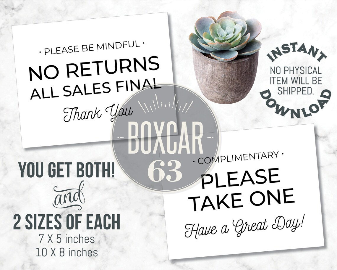 No Returns Sign Printable Complimentary Sign Instant | Etsy