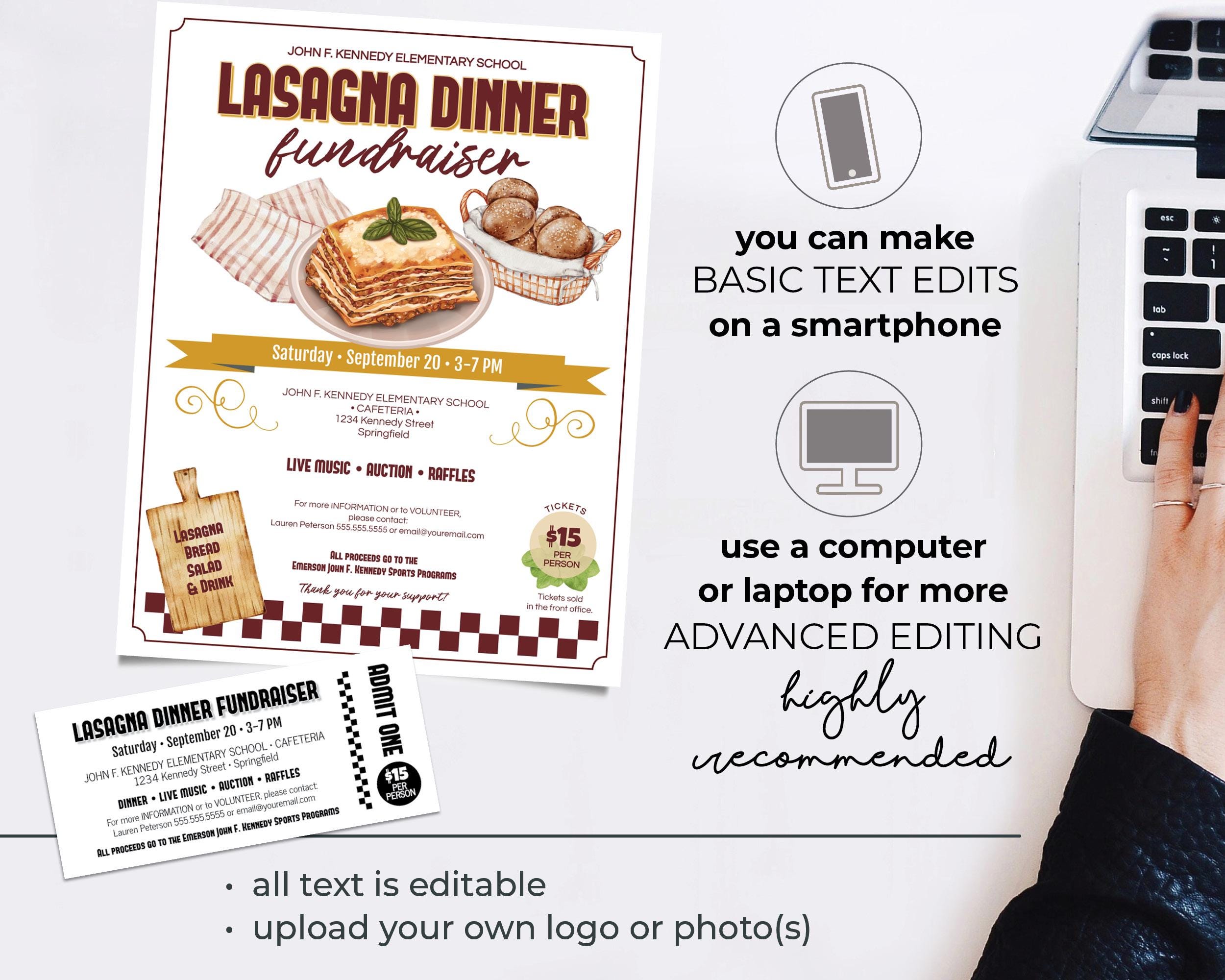 Lasagna Fundraiser Bundle Editable TEMPLATES | Flyer, 11x17 Poster, 4 ...