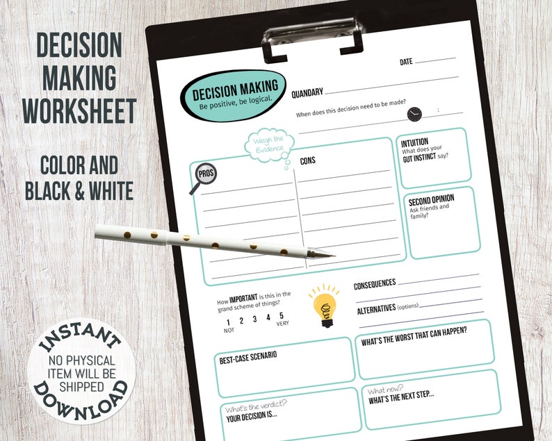 Decision-making Worksheet Form Instant Download Pros and - Etsy