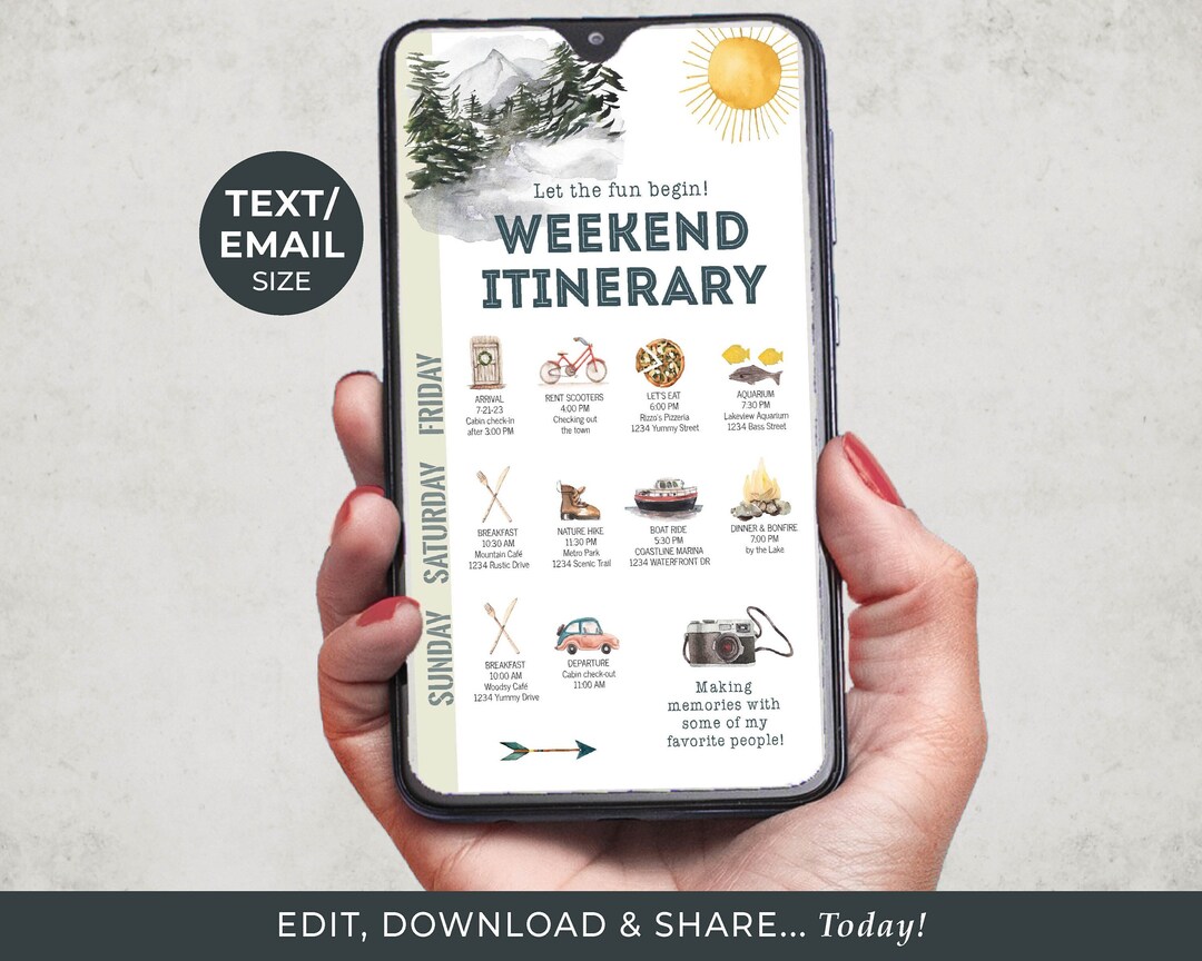 Weekend Itinerary Digital Editable TEMPLATE | Text/email Size | Weekend ...