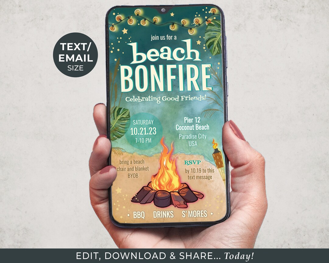 Beach Bonfire Party Invitation TEMPLATE Editable Mobile Invite | Any ...