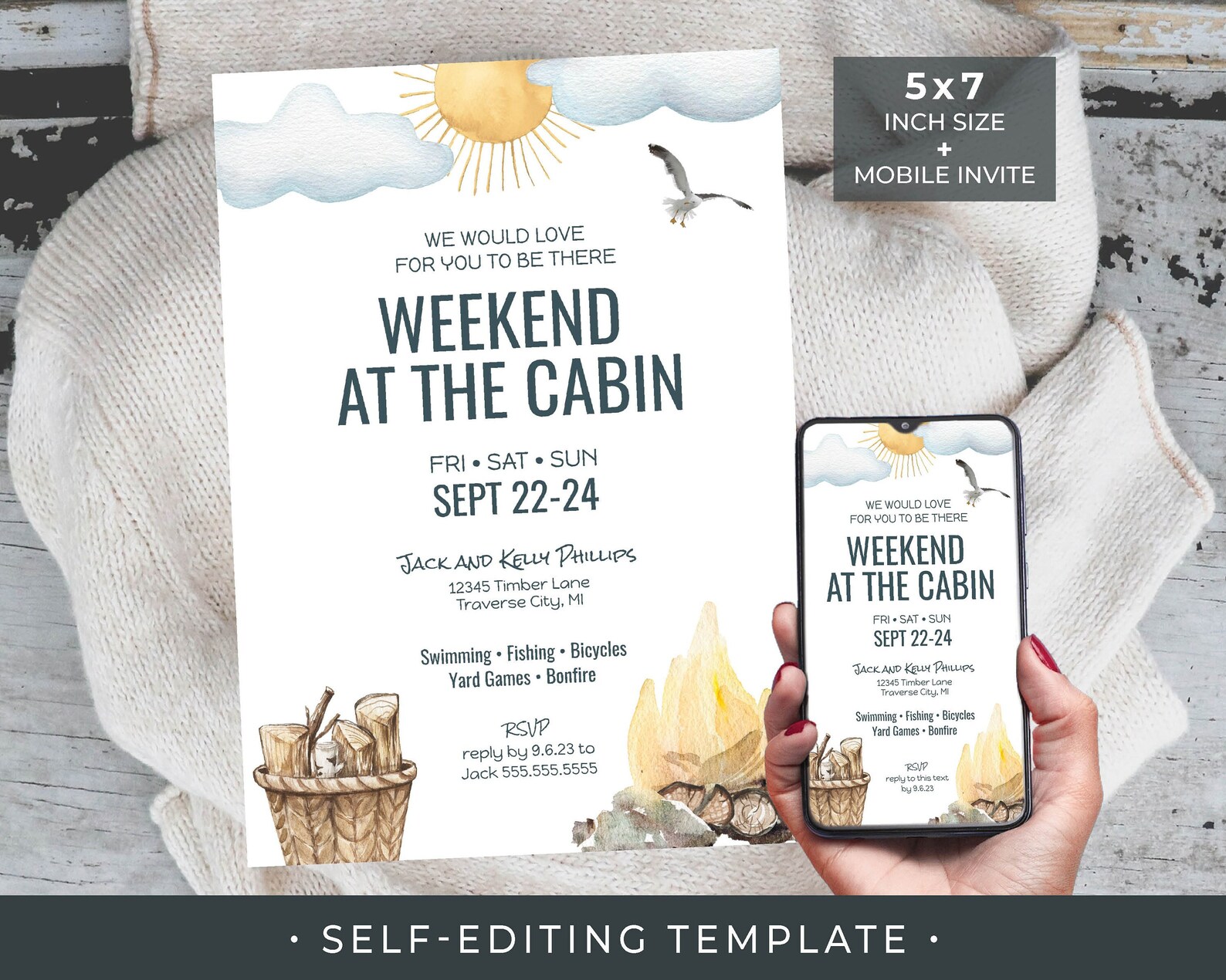Weekend at the Cabin Invite Self-editing TEMPLATE + Mobile Invite ...