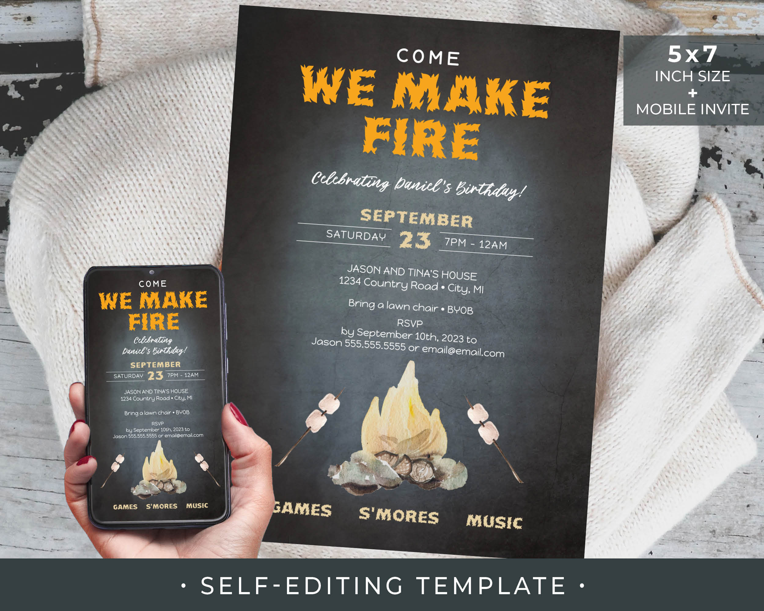 Bonfire Invite Editable TEMPLATE 5x7 Inch Invite - Etsy