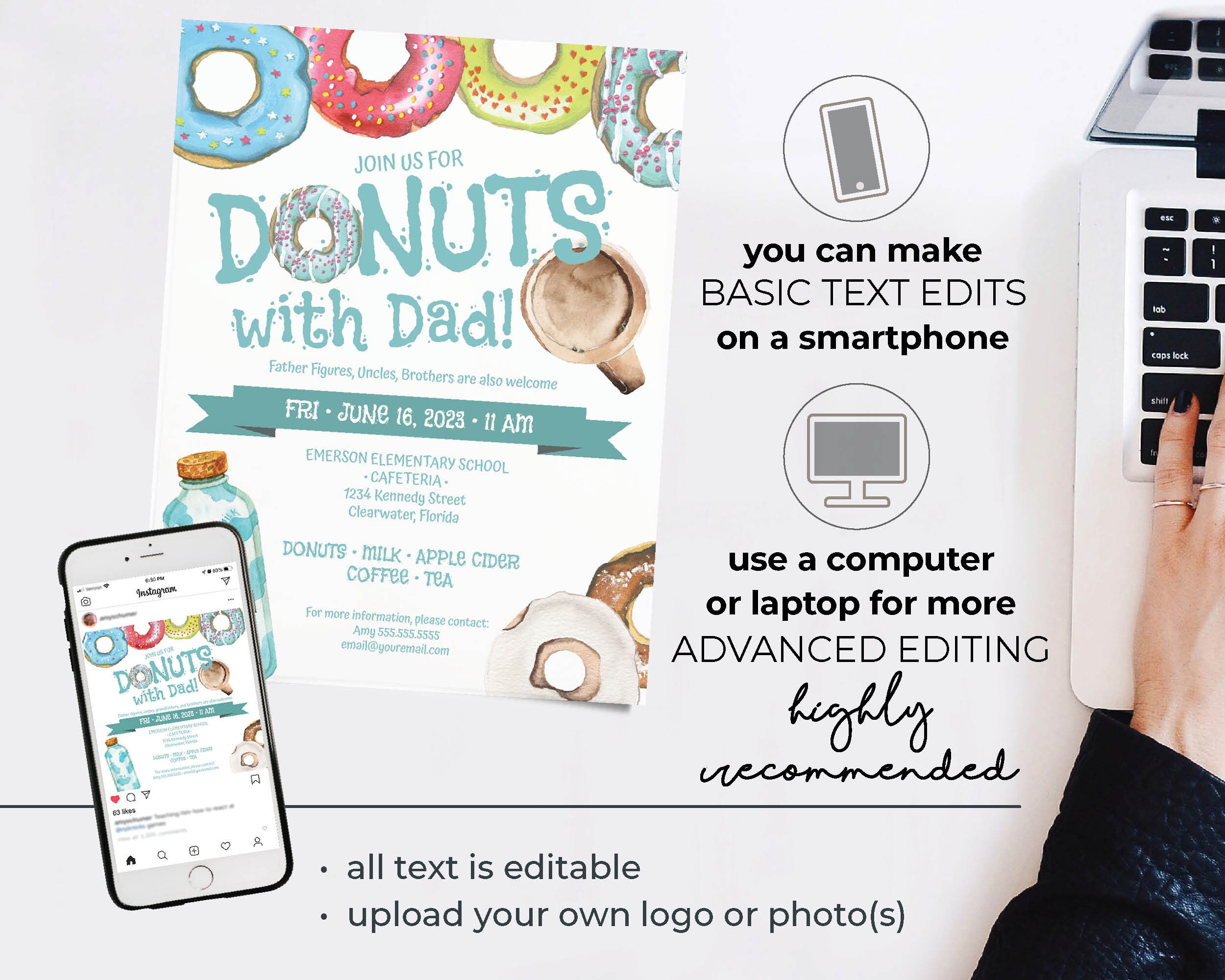 Donuts With Dad Self-editing TEMPLATES 8.5x11 Flyer 11x17 - Etsy