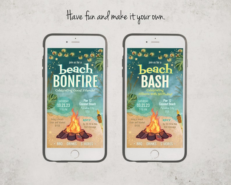 Beach Bonfire Party Invitation TEMPLATE Editable Mobile Invite | Any ...