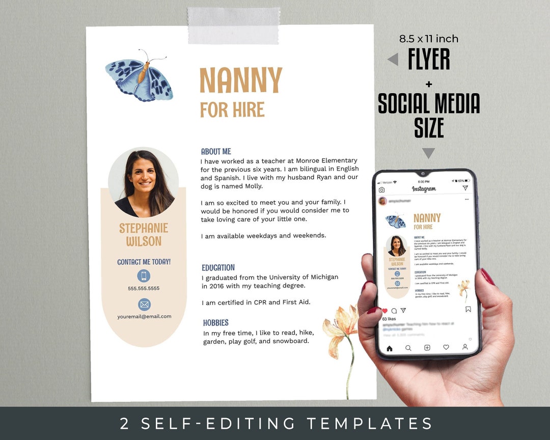 Nanny for Hire Flyer Editable TEMPLATES 8.5x11 Flyer Social Media Size ...