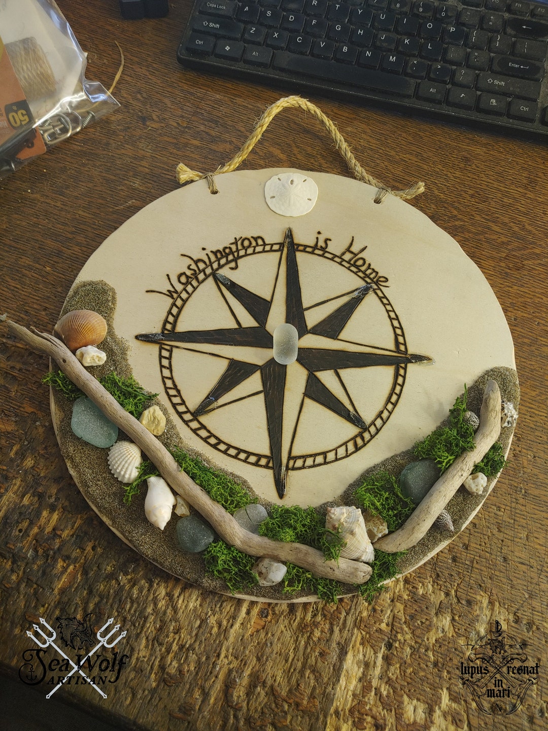 Washington Home Nautical Decor: Wood-burned Compass Rose With Sea Glass ...