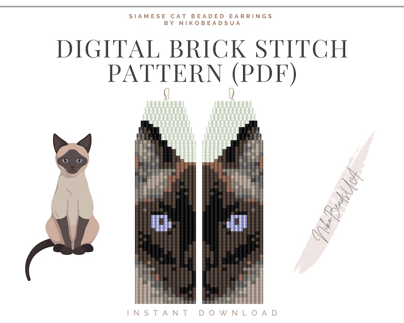 Siamese Cat Brick Stitch Pattern for Fringe Beaded Earrings, Cat Pattern, DIY Beaded Earrings ...