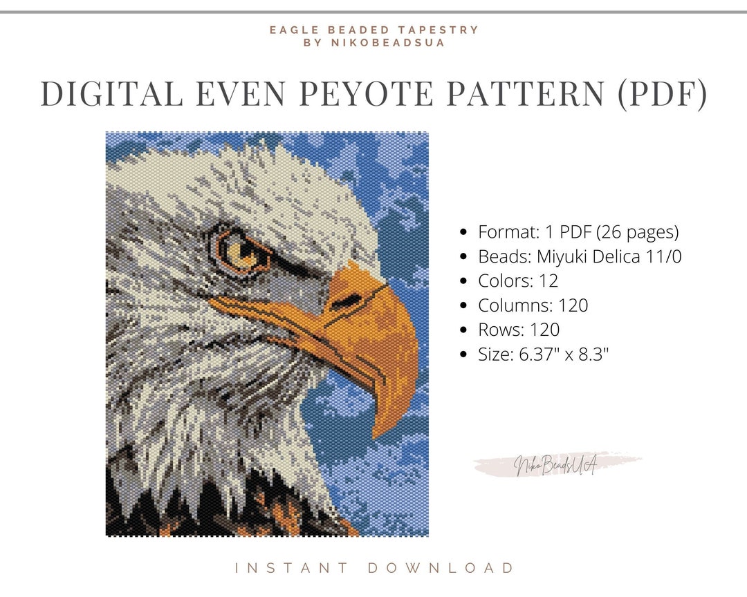 Eagle Even Peyote Pattern for Beaded Tapestry, Bird Pattern, DIY Beading Pattern for Miyuki ...