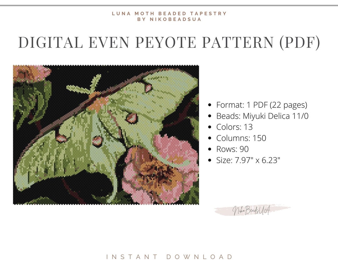 Luna Moth Even Peyote Pattern for Beaded Tapestry, Butterfly Pattern ...