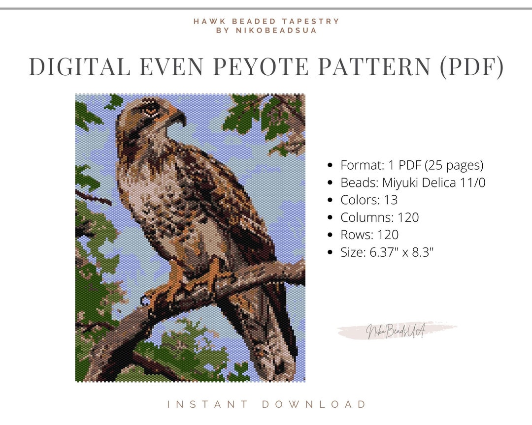 Hawk Even Peyote Pattern for Beaded Tapestry, Bird Pattern, DIY Beading ...