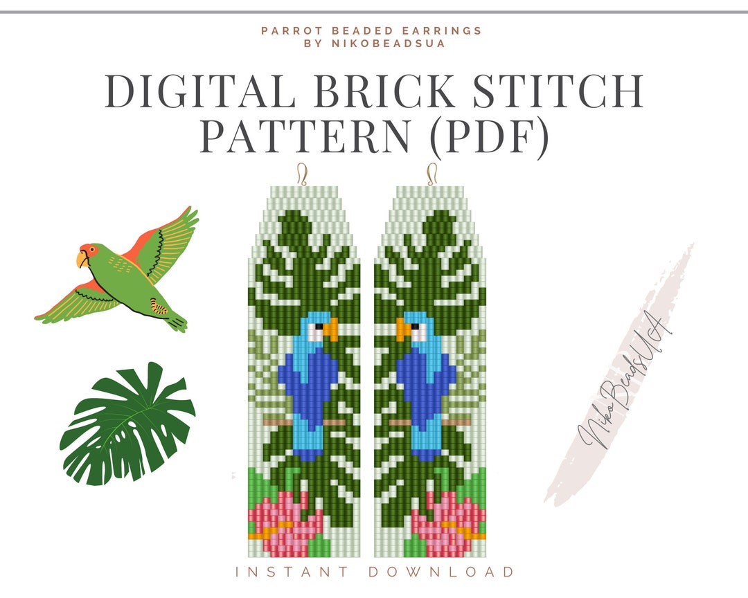 Parrot Brick Stitch Pattern for Fringe Beaded Earrings, Exotic Pattern ...