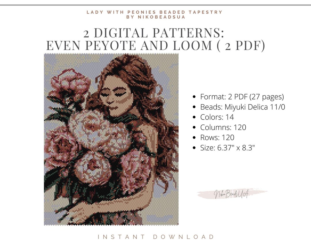 Lady With Peonies Even Peyote Pattern for Beaded Tapestry, Floral ...