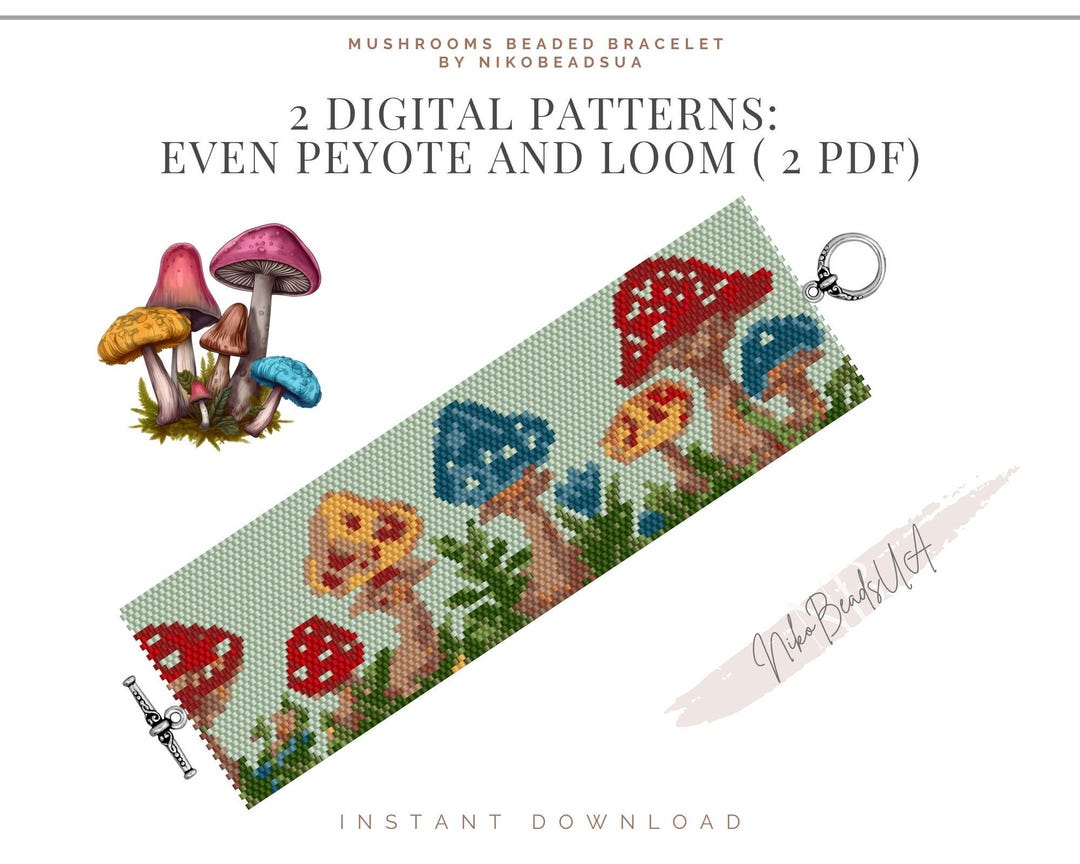 Bright Mushrooms Even Peyote and Loom Patterns for Beaded Bracelet ...