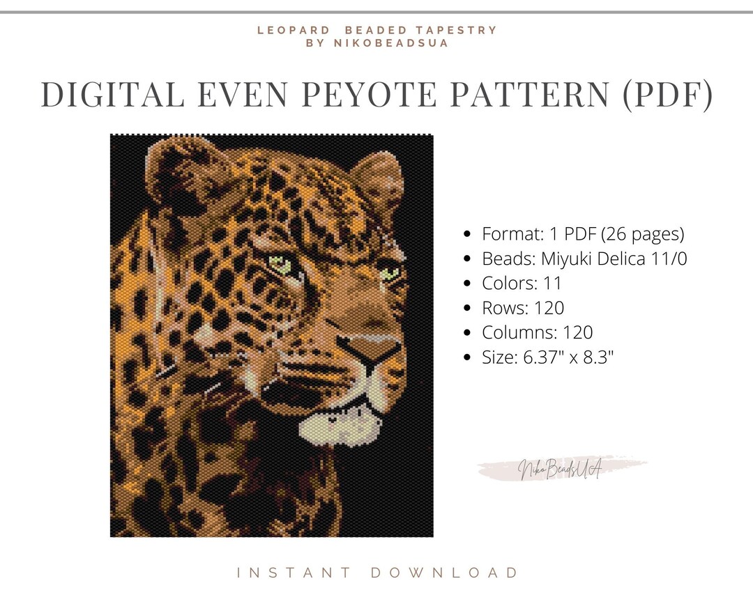 Leopard Portrait Even Peyote Pattern for Beaded Tapestry, Animal ...