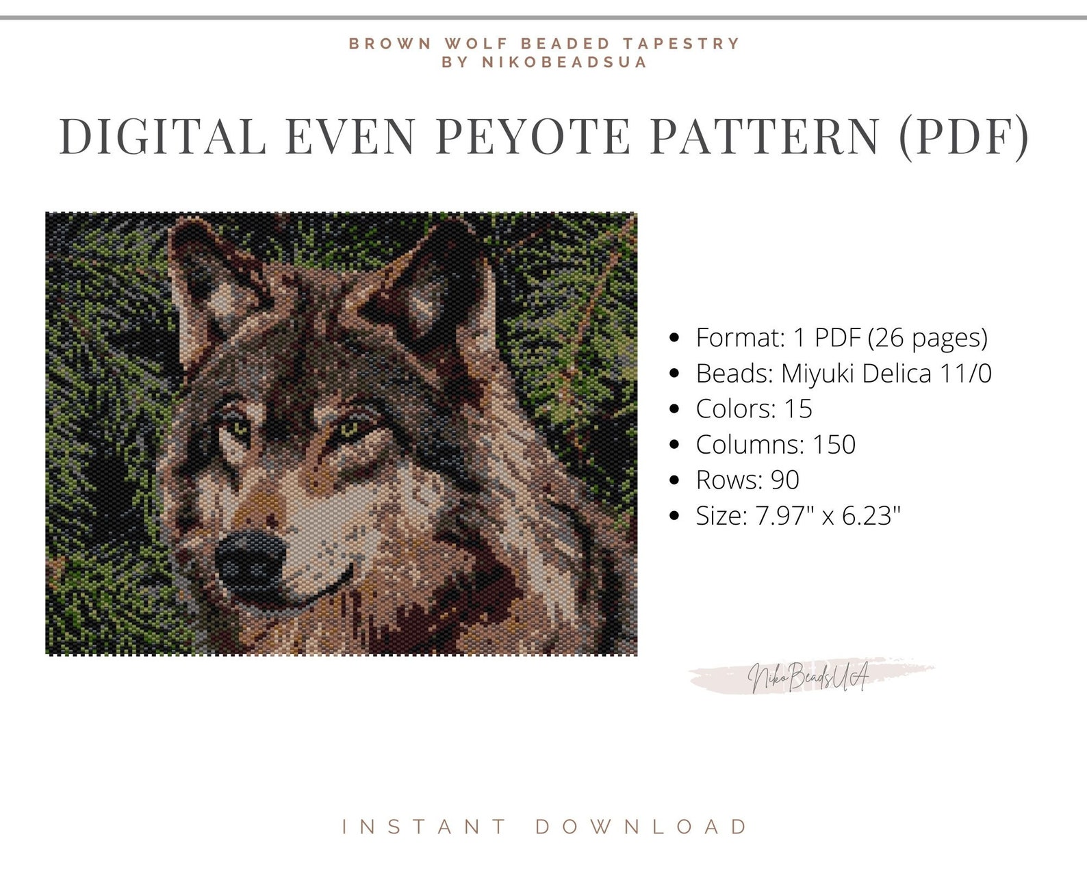 Brown Wolf Even Peyote Pattern for Beaded Tapestry, Animal Pattern, DIY ...