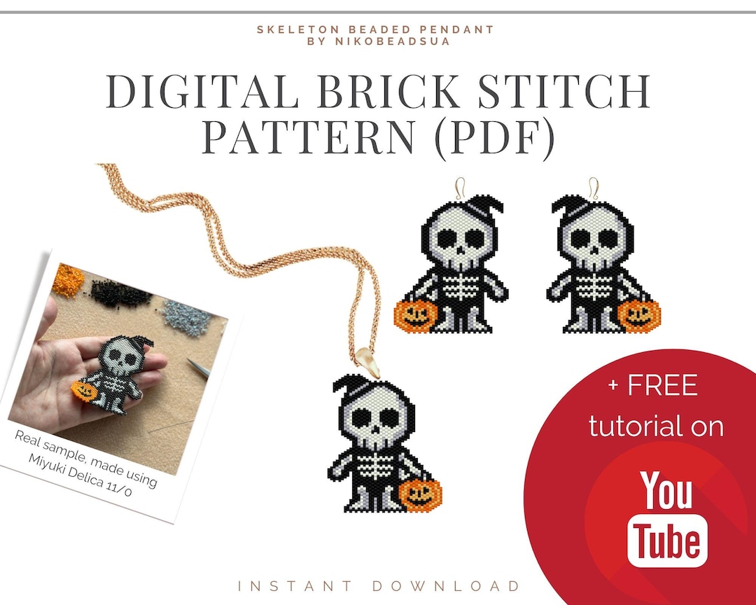 Halloween Skeleton Brick Stitch Pattern for Beaded Earrings, Keychain ...