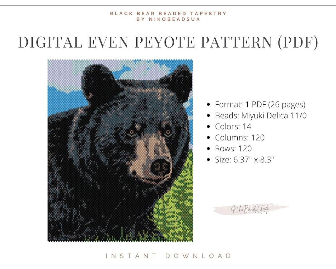 Black Bear Even Peyote Pattern for Beaded Tapestry, Animal Pattern, DIY ...