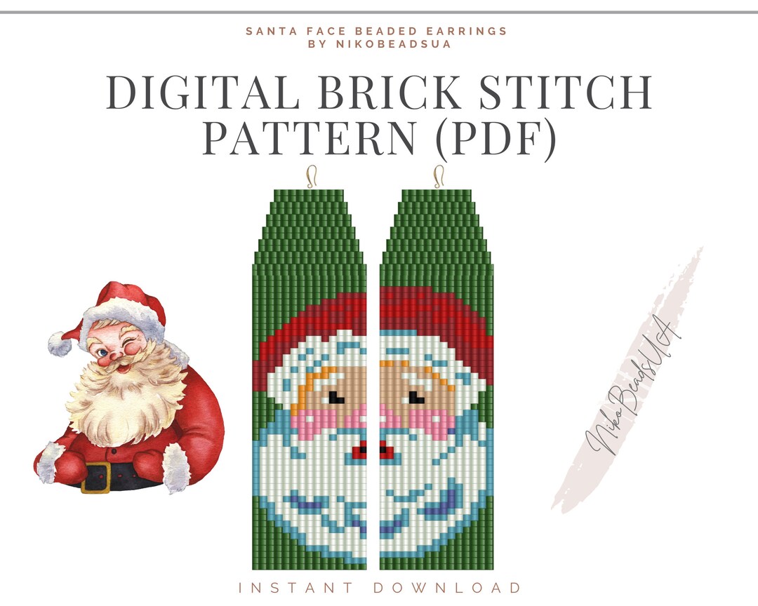 Santa Face Brick Stitch Pattern for Fringe Beaded Earrings, Christmas ...