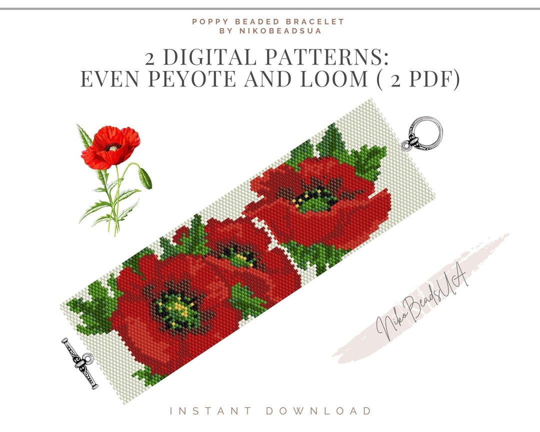 Poppy Even Peyote and Loom Patterns for Beaded Bracelet, Flower Pattern ...